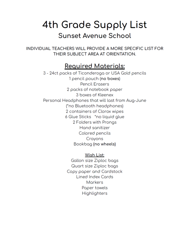 2023-24 School Supply Lists | Sunset Avenue Elementary